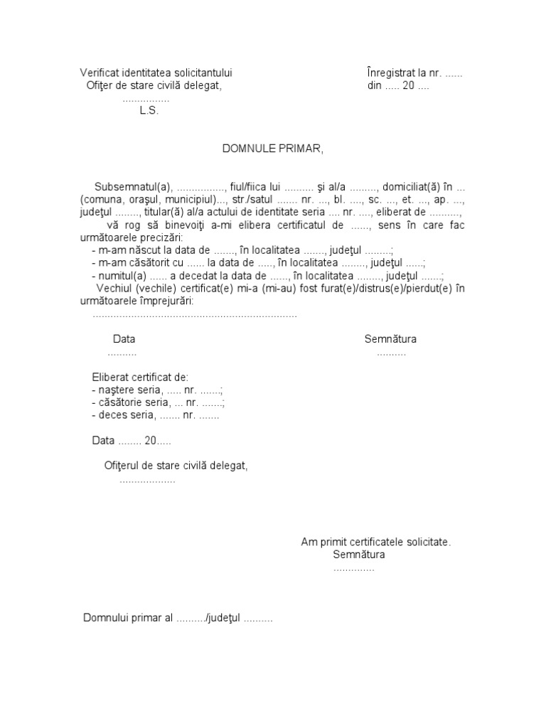 Model Cerere Eliberare Certificat de Stare Civila | PDF