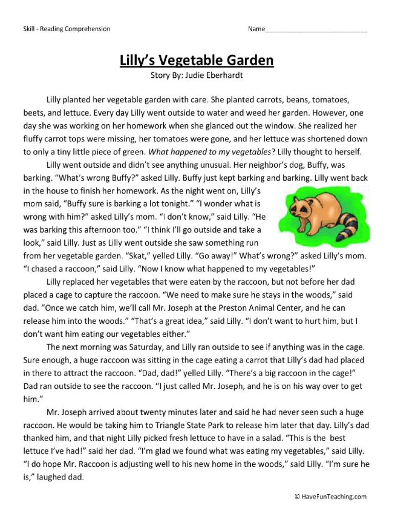 Free Lilly's Vegetable Garden Third Grade Reading Comprehension ...