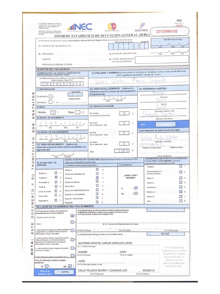 Informe Estadístico de Defunción General (Iedg) | PDF