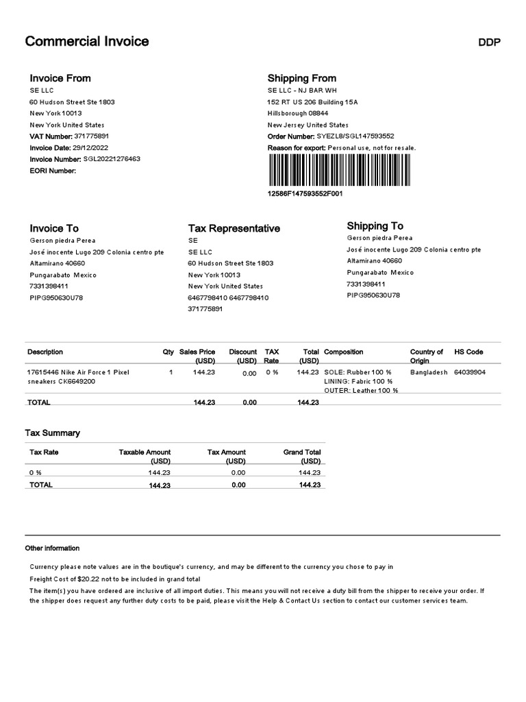 ComercialInvoice SGL147593552 | PDF | Invoice | Taxes