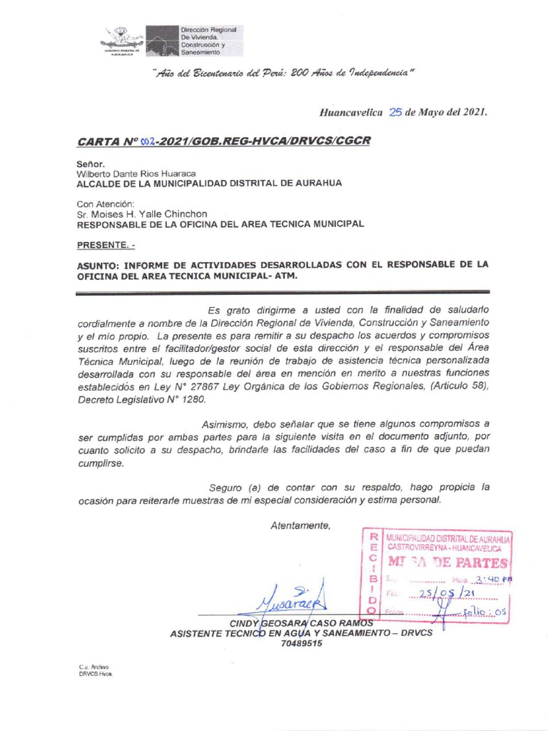 Carta de Asistencia Tecnica y Compromisos - Aurahua | PDF