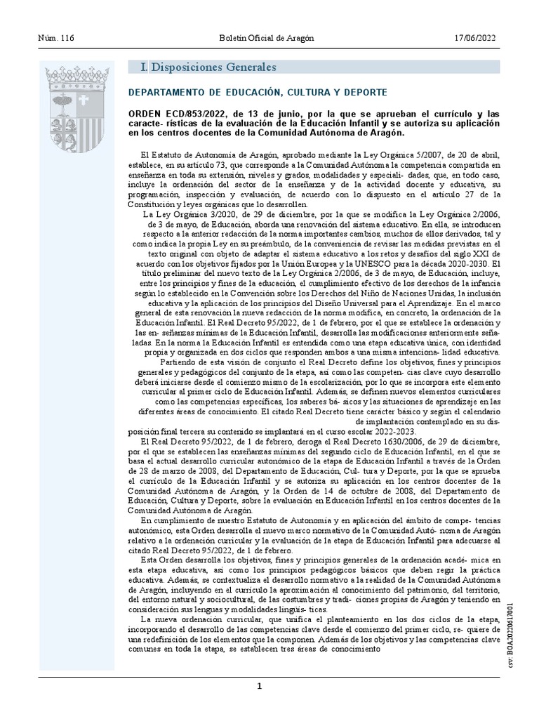 Currículo de Educación Infantil en Aragón | PDF | Educación de la ...