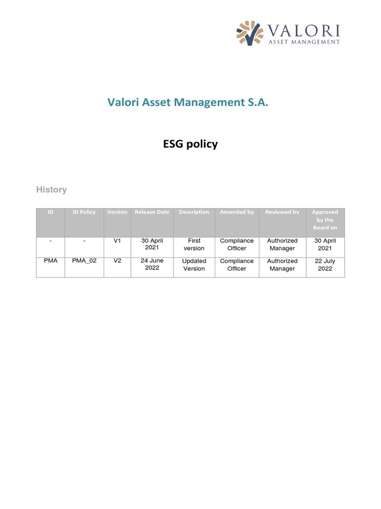 VALORI ESG Policy - Final | PDF | Sustainability | Governance