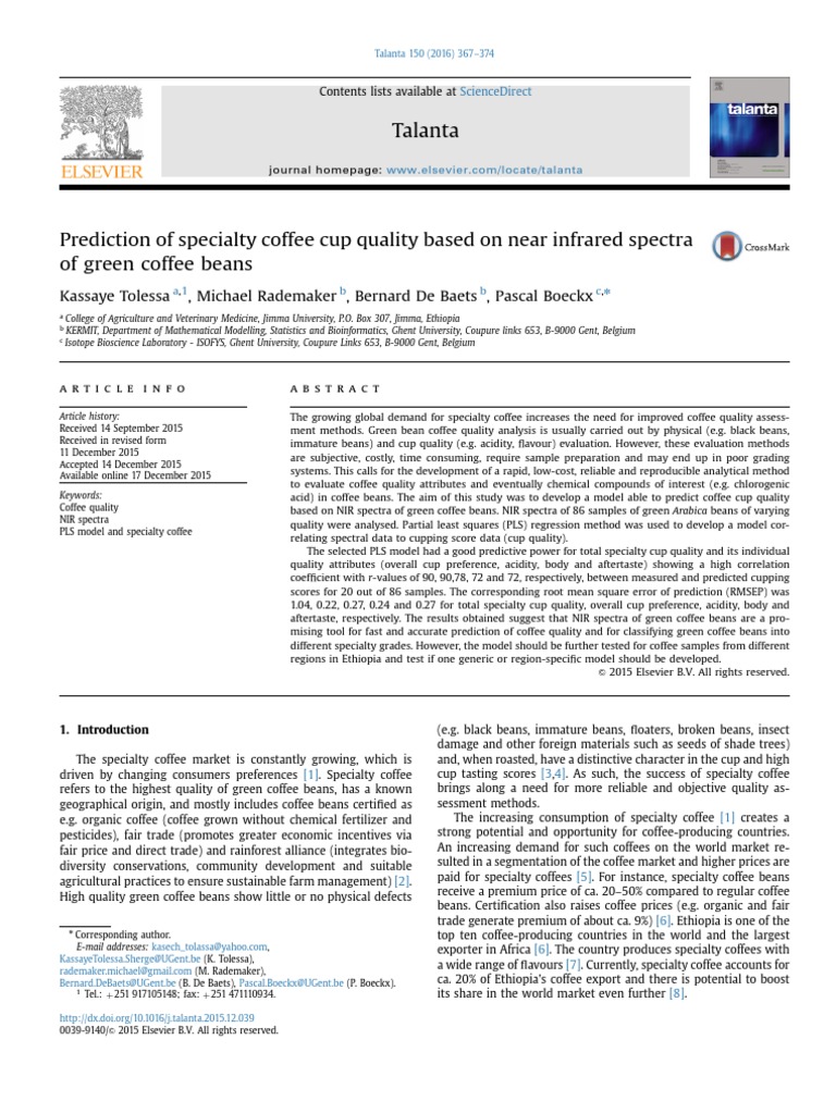Prediction of Specialty Coffee Cup Quality Based On Near Infrared ...