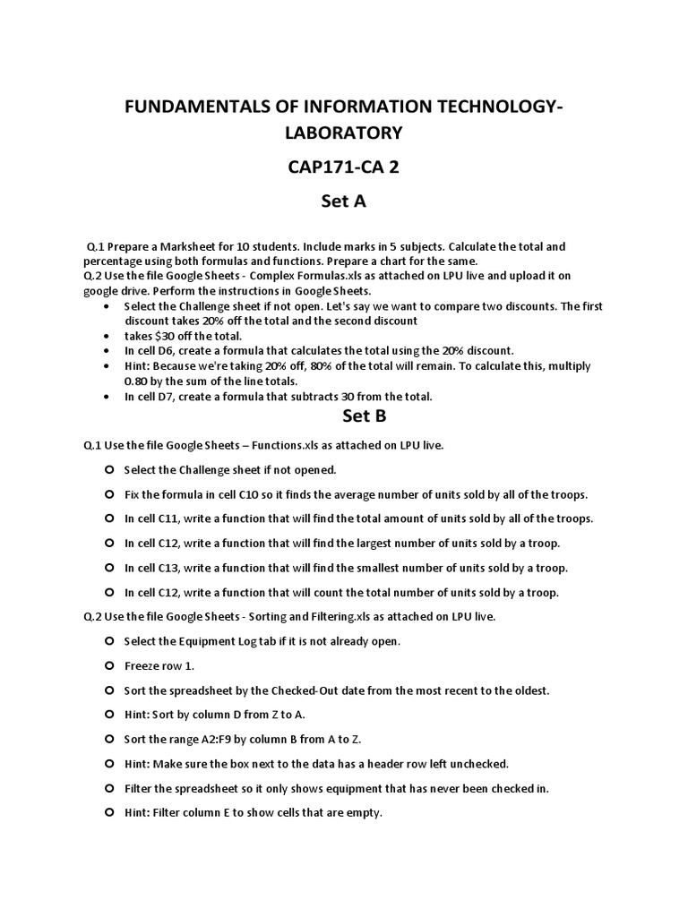 CAP171 CA2 Set 1 | PDF | Microsoft Excel | Spreadsheet