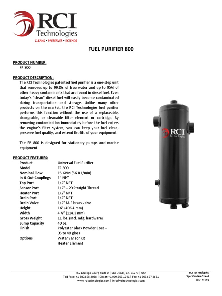 RCI Fuel Purifier FP 800 Specifications | PDF | Technology & Engineering