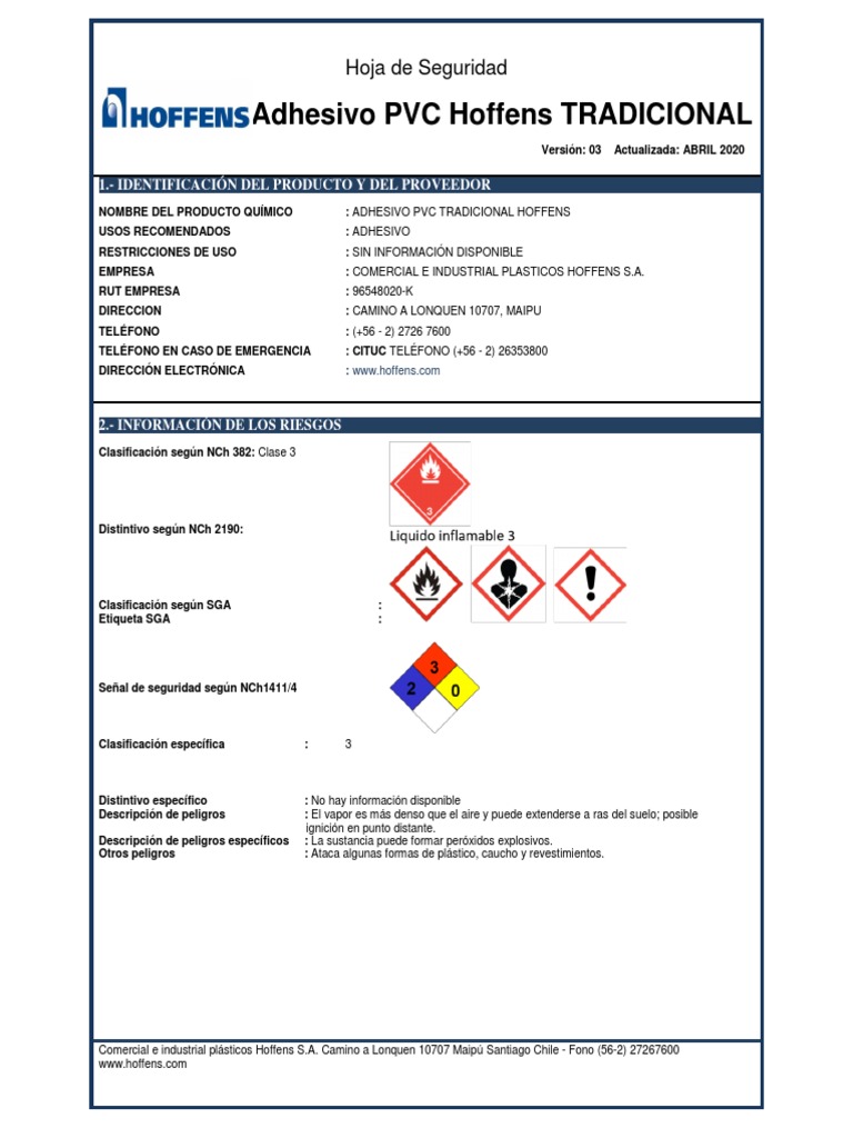 Hoja de Seguridad Adhesivo PVC Hoffens | PDF | Agua | Solvente