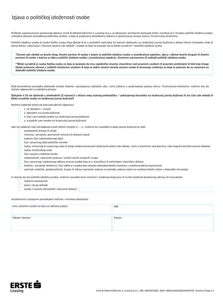 Izjava o Politickoj Izlozenosti Osobe | PDF