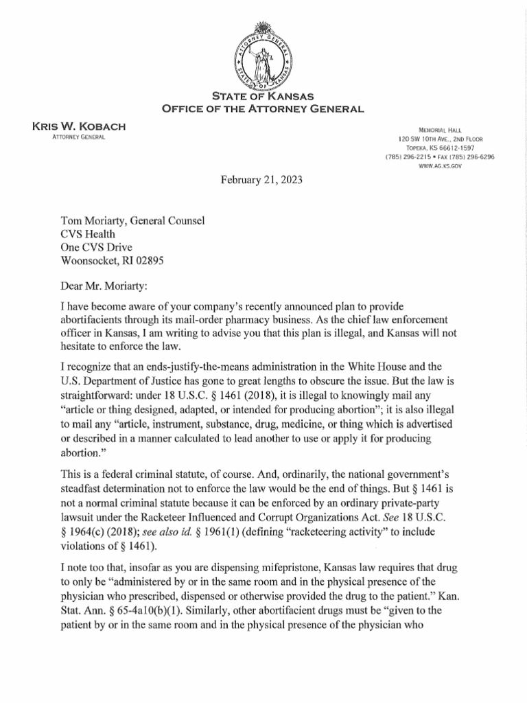 Kobach Letter To Cvs | PDF
