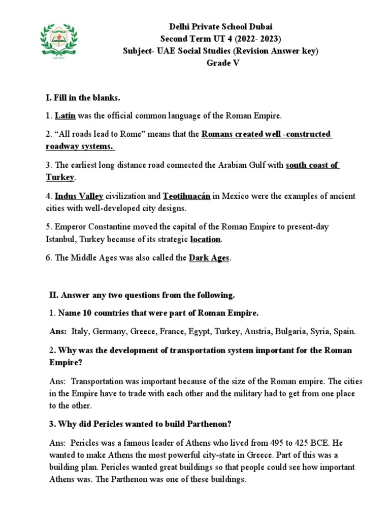 G5 Uae SST Ut4 Revision Answer Key | PDF | Roman Empire | Ancient Rome G5 Uae SST Ut4 Revision Answer Key | PDF | Roman Empire | Ancient Rome