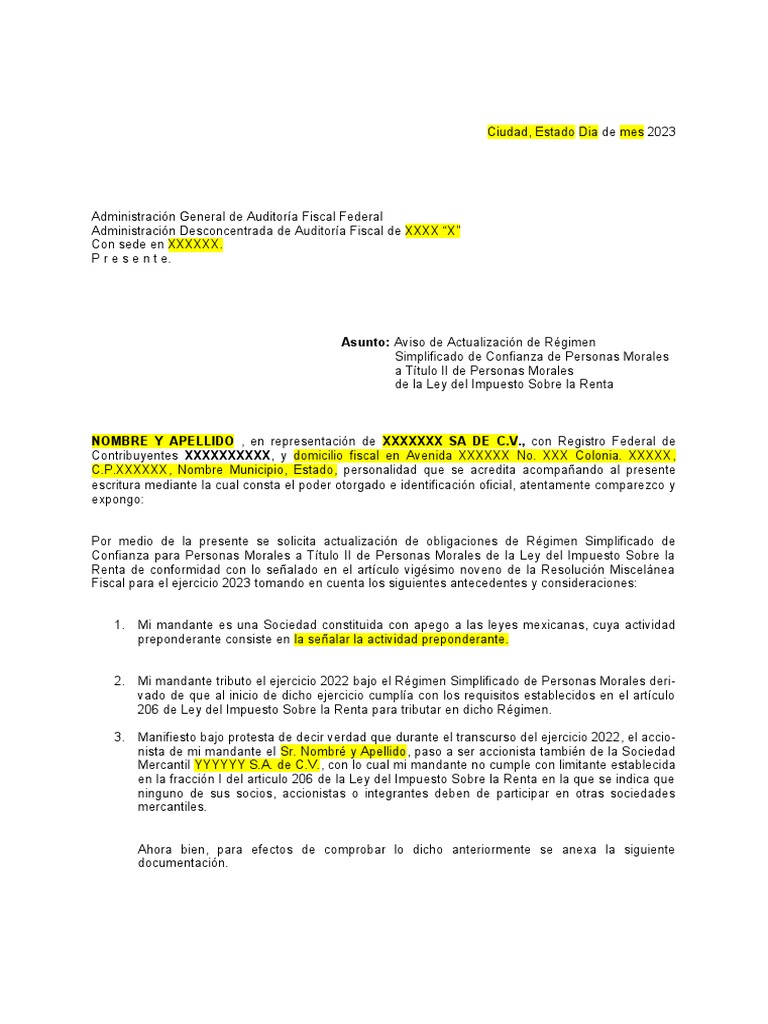 Escrito Libre Formato 2 Act RESICO A PM TITULO II | PDF | Impuesto sobre la renta | Impuestos