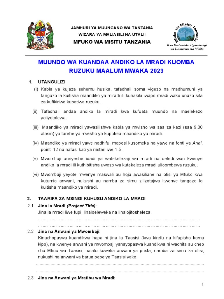 Muundo Wa Kuandaa Andiko La Mradi Kuomba Ruzuku Maalum La Mwaka 2023 | PDF