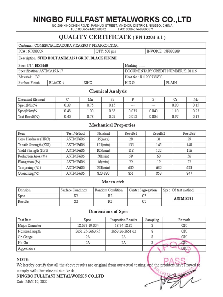 ESPARRAGO A-193 B7 3l4-10 X 3660 | PDF | Mechanical Engineering | Materials