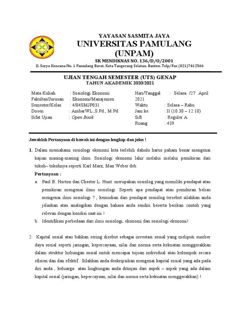 UTS Sosiologi Ekonomi UNPAM 2021 | PDF
