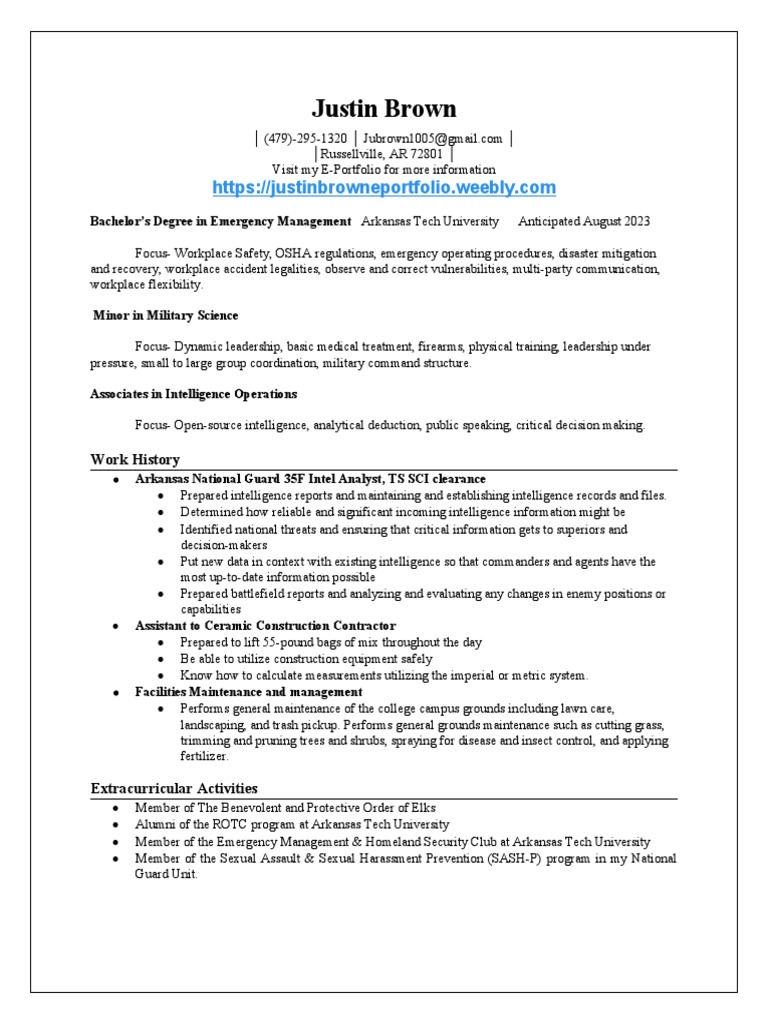 Justin Brown Resume 2023 | PDF | Military Intelligence | Emergency Management