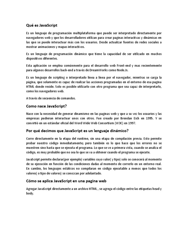 Qué Es JavaScript | PDF | Script Java | Lenguaje de programación Qué Es JavaScript | PDF | Script Java | Lenguaje de programación