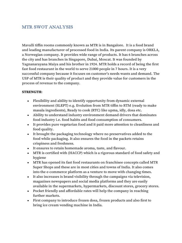 MTR Swot Analysis | Download Free PDF | Marketing | Business