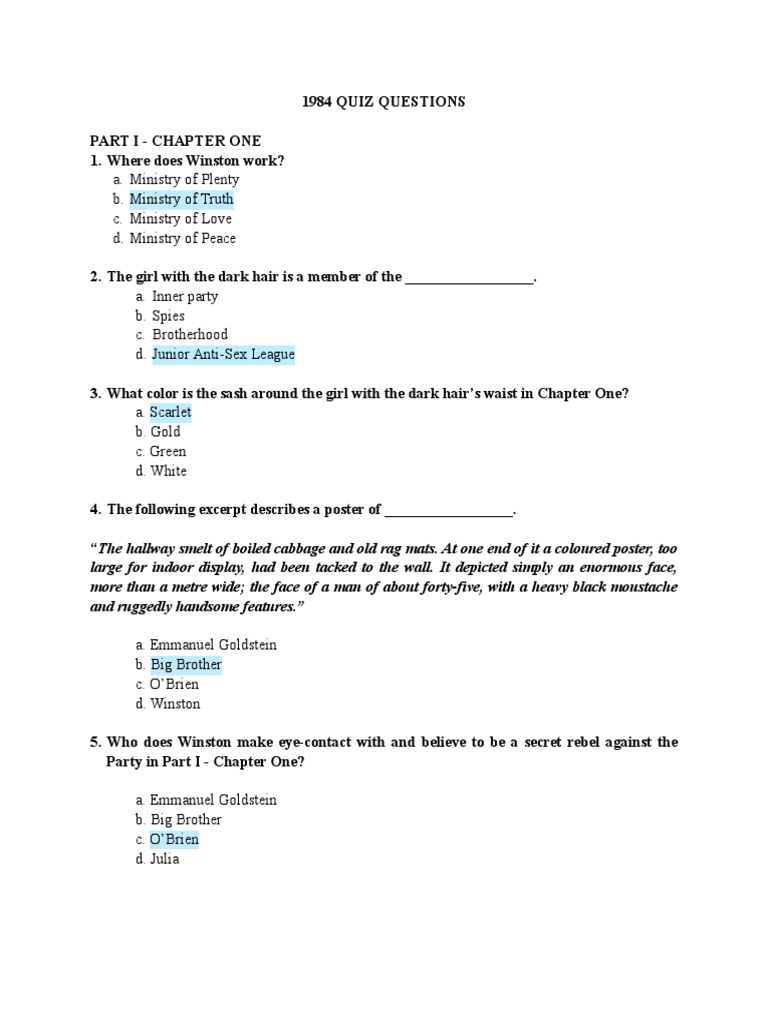1984_quizzes | PDF | Satirical Books