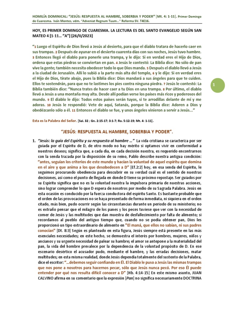 MT 4, 1-11 Jesus, Respuesta Al Hambre, Soberbia y Poder T4E16 | PDF | Jesús | Satán