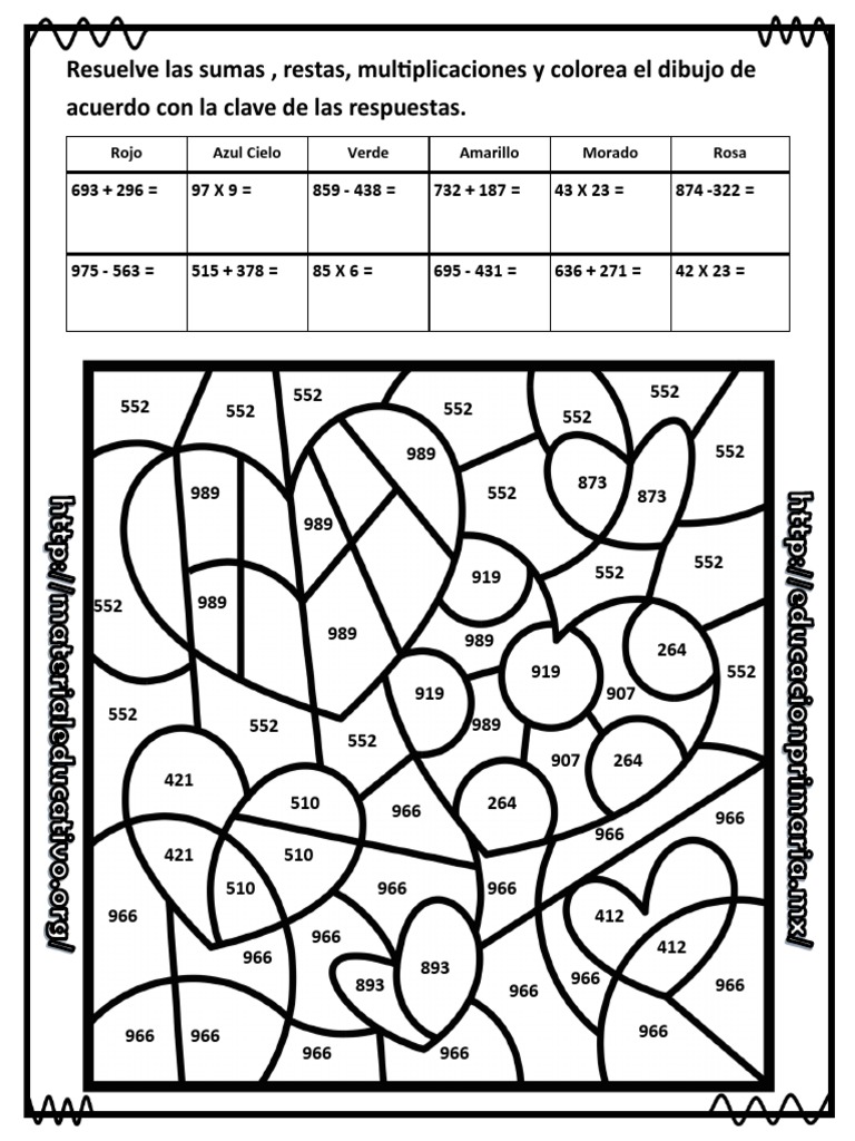Resuelve Las Sumas, Restas, Multiplicaciones y Colorea El Dibujo de Acuerdo Con La Clave de Las ...