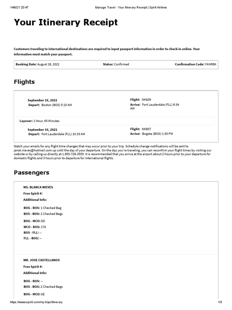 Flight Itinerary and Receipt for Blanca Nieves and Jose Castellanos ...