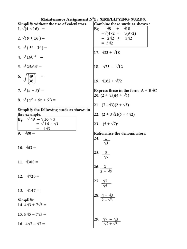 Simplifying Surds Math Worksheet | PDF