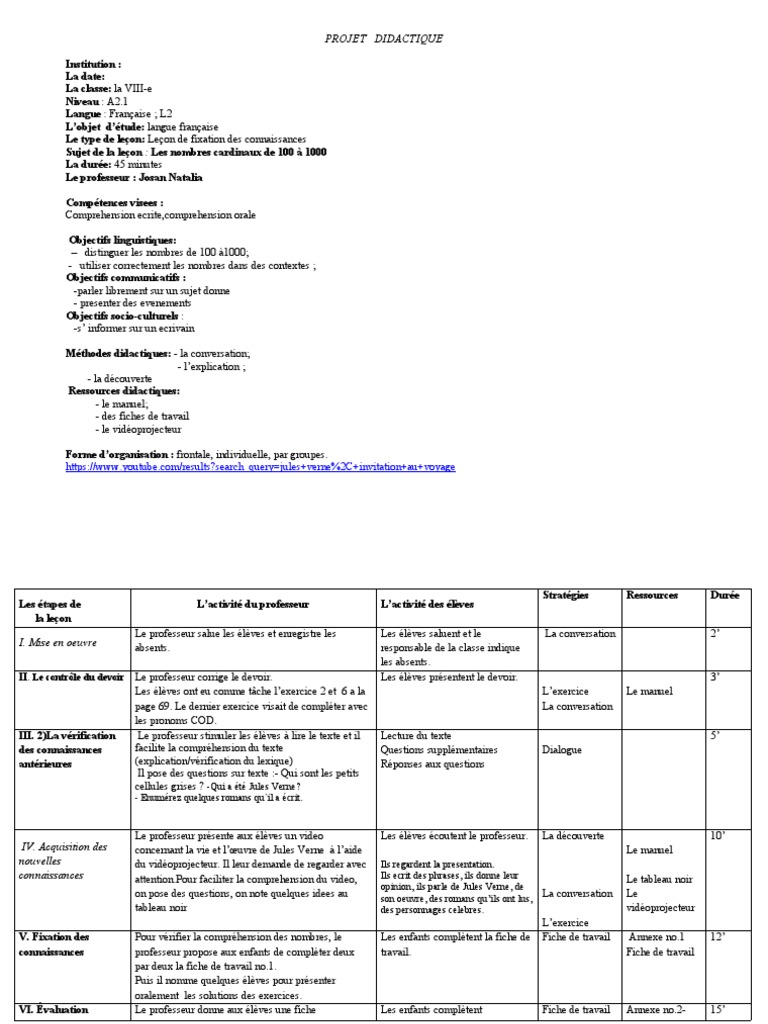 Projet - Didactique - Les Nombres Cardinaux 8ieme Classe L2-5 Ieme ...