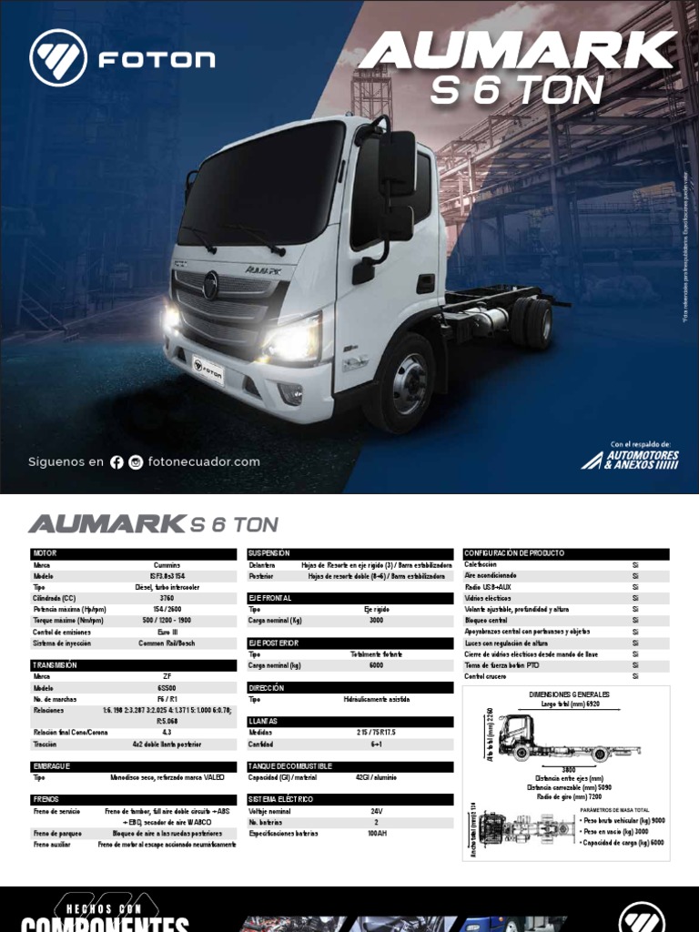 Foton Ficha Tecnica Aumark S 6 Ton V2023 | PDF | Eje | Sistema de freno antibloqueo