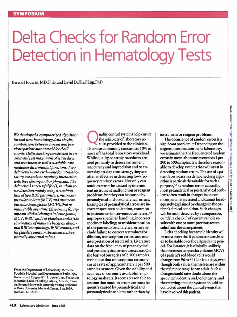 Delta Checks For Random Error Detection in Hematology Tests | PDF ...