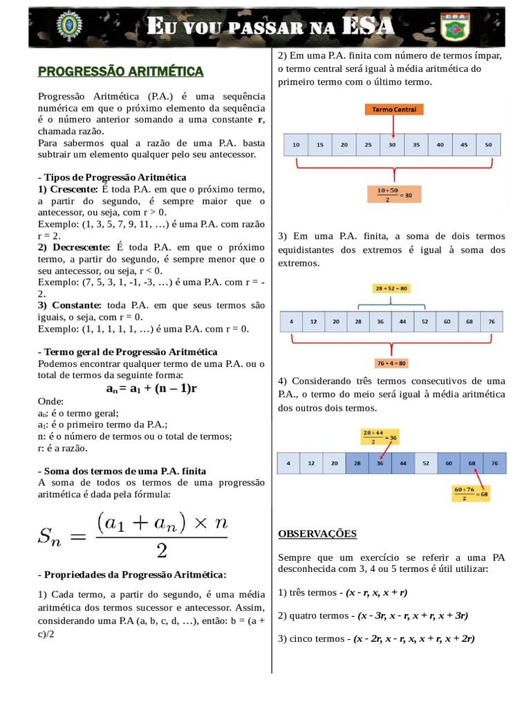 Progressão Aritmética: conceitos, propriedades e exercícios | PDF ...