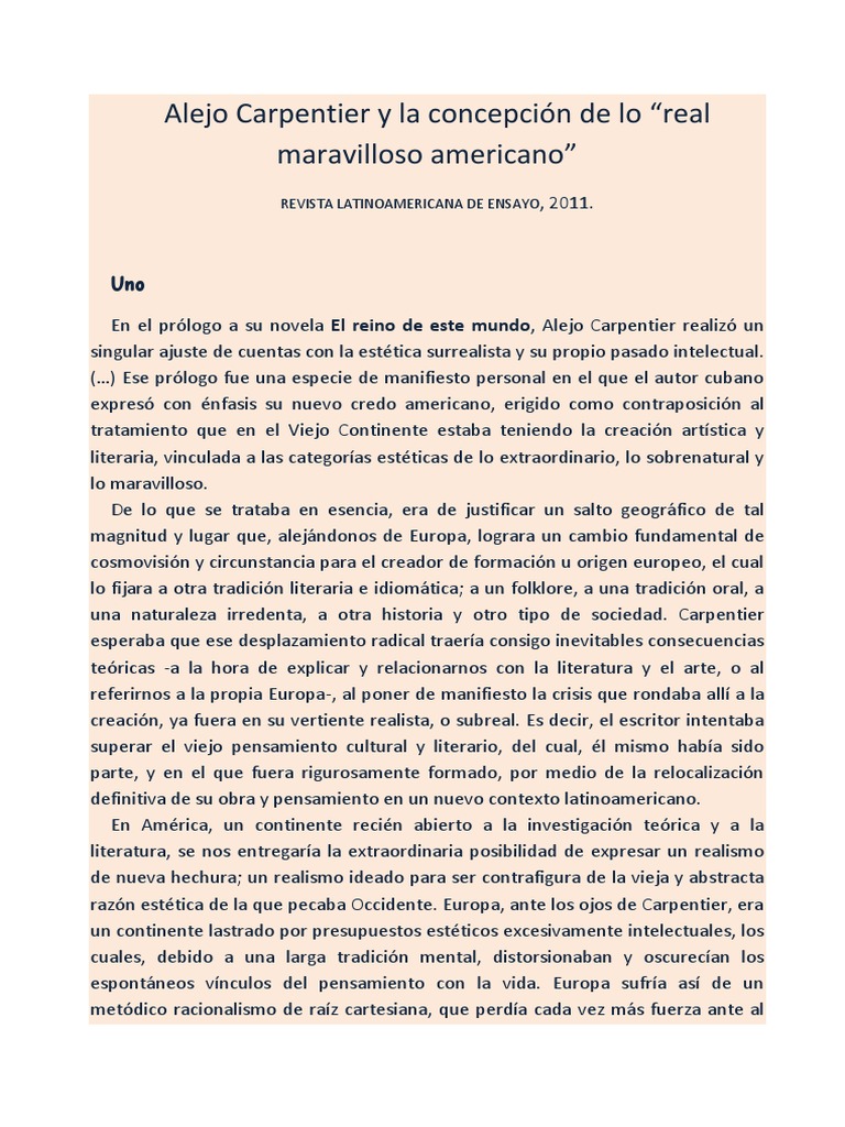 Alejo Carpentier y La Concepcion de Lo Real Maravilloso | PDF ...