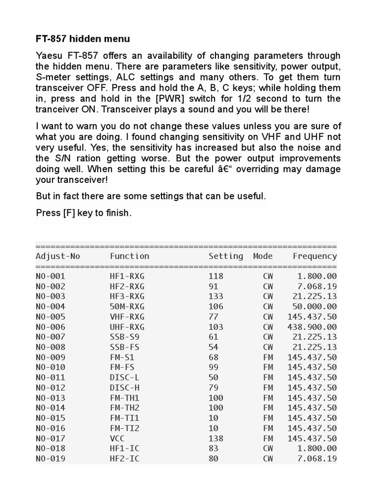 FT-857 Second Menu | PDF | Frequency Modulation | Broadcast Engineering