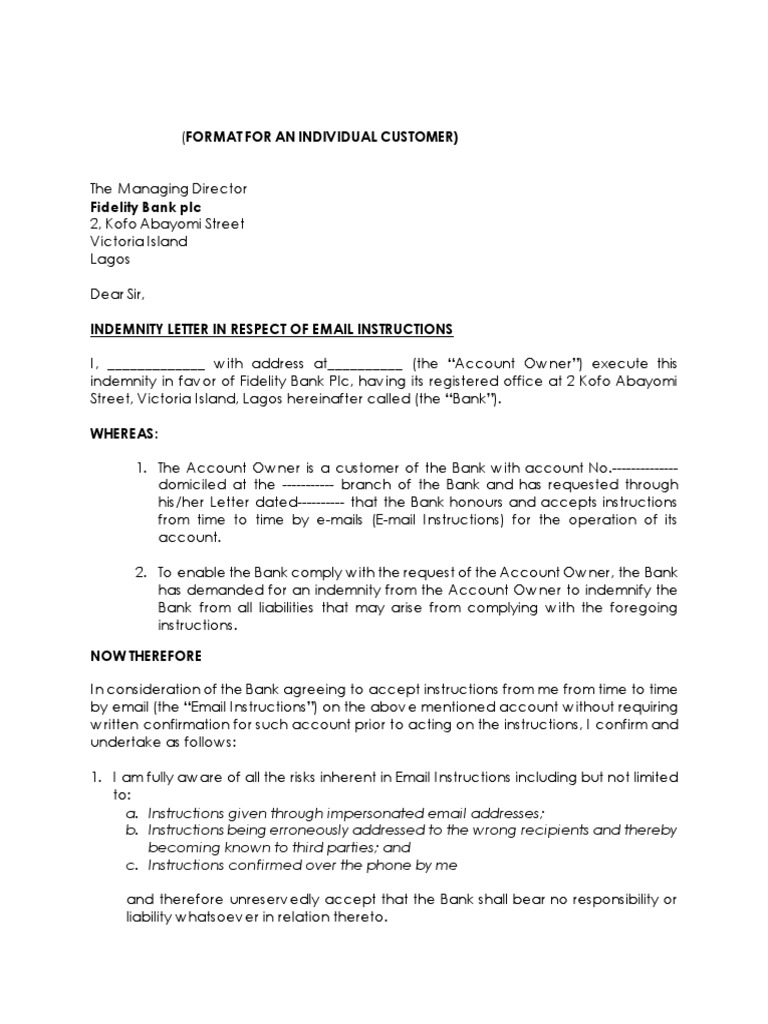Indemnity Letter For An Individual Customer (For Email Instructions ...