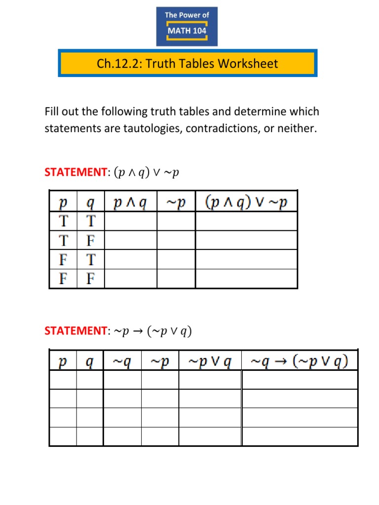 Truth Tables and Tautologies Worksheet | PDF | Science & Mathematics