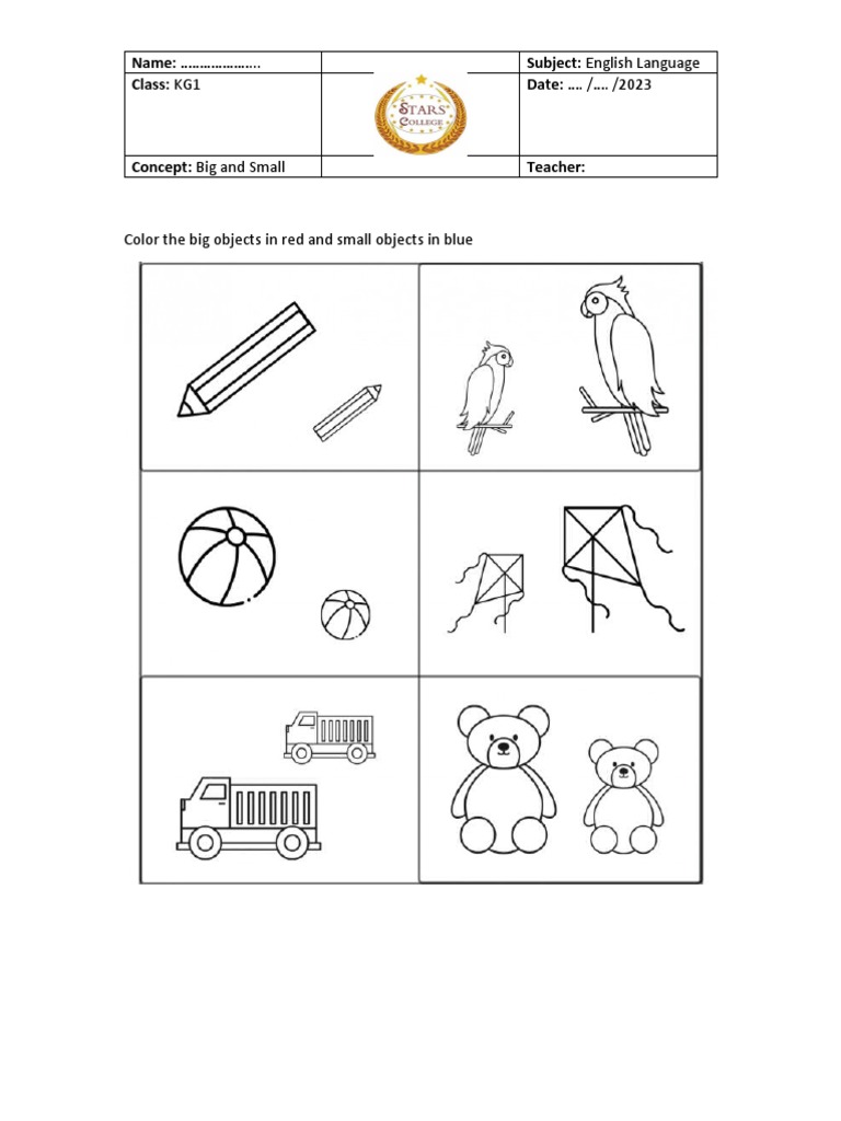 Color The Big Objects in Red and Small Objects in Blue | PDF