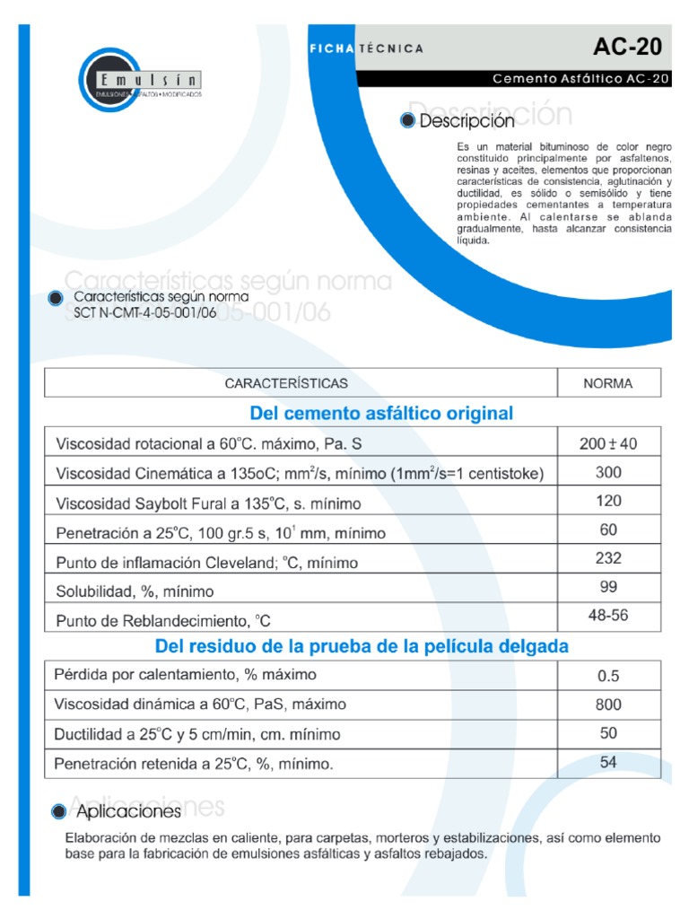 Ficha Tecnica CEMENTO ASFÁLTICO AC-20 | PDF