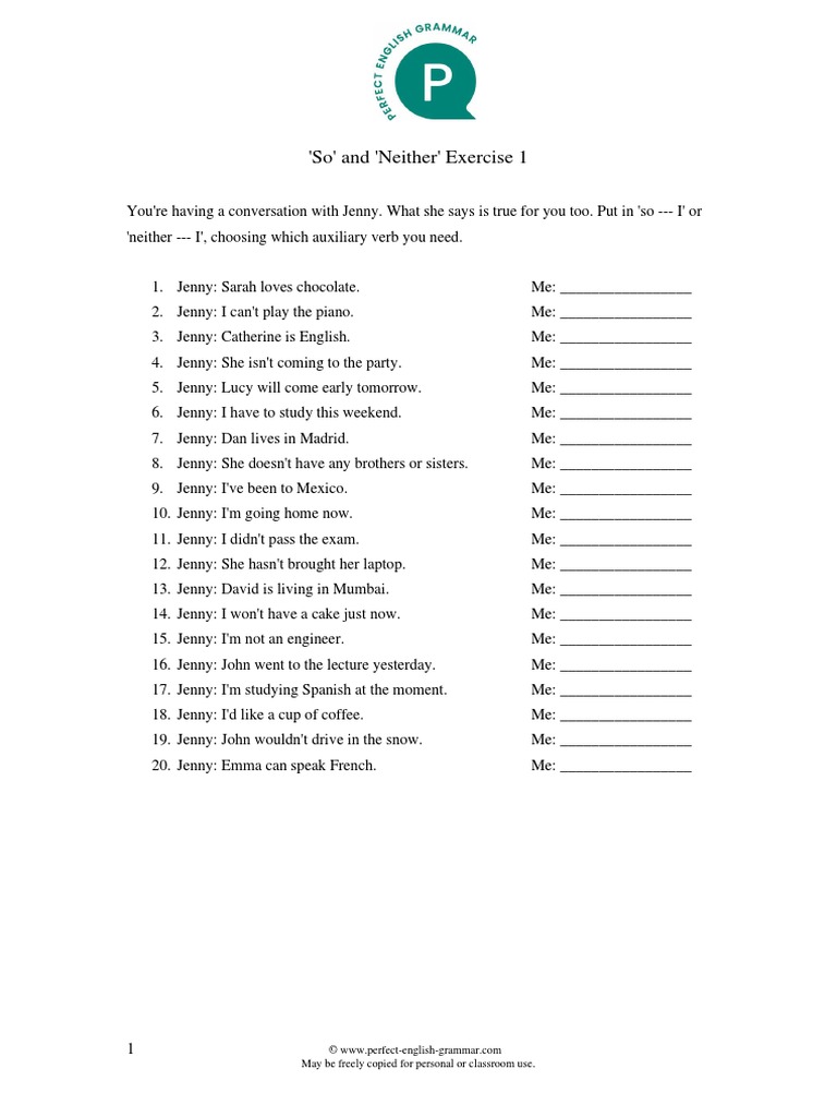 So Too Neither Either Exercise 1 Pdf