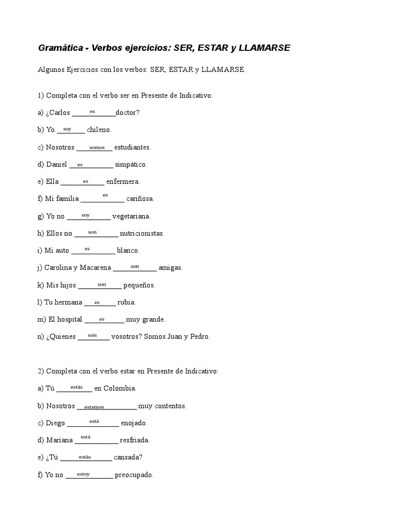 Ejercicicios Ser - Estar - Llamarse | PDF
