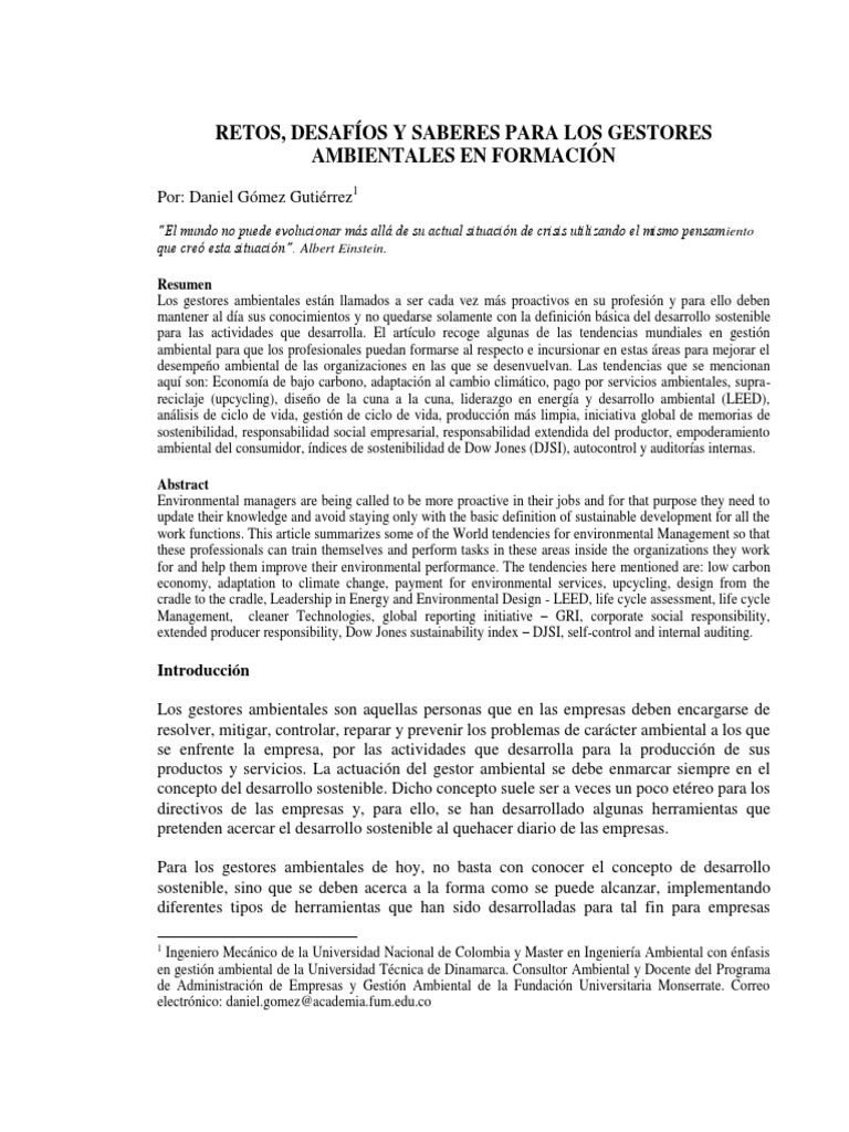 Retos, Desafíos y Saberes para Los Gestores Ambientales en Formación ...