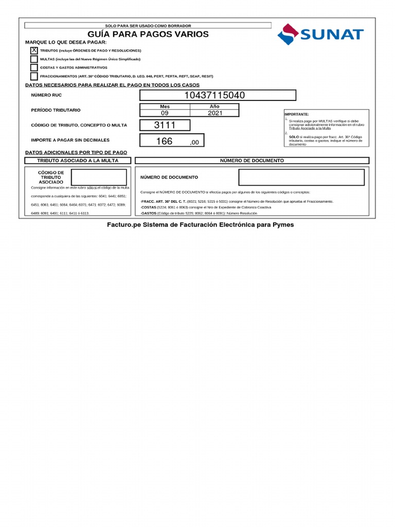 Guia para Pagos SUNAT 202109 | PDF