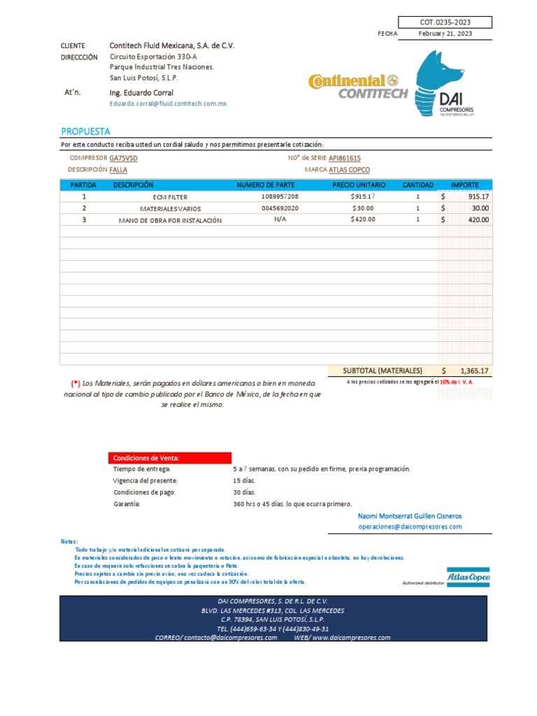 Cot.0235-2023 Emc Filter Ga75vsd (21 Febrero 2023) | PDF | Economias