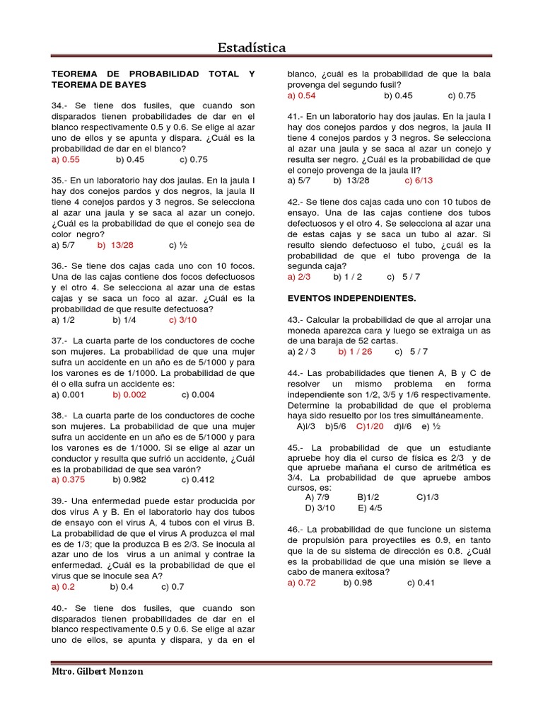 Ejercicios TEOREMA DE PROBABILIDAD TOTAL Y TEOREMA DE BAYES | PDF | Probabilidad | Aritmética