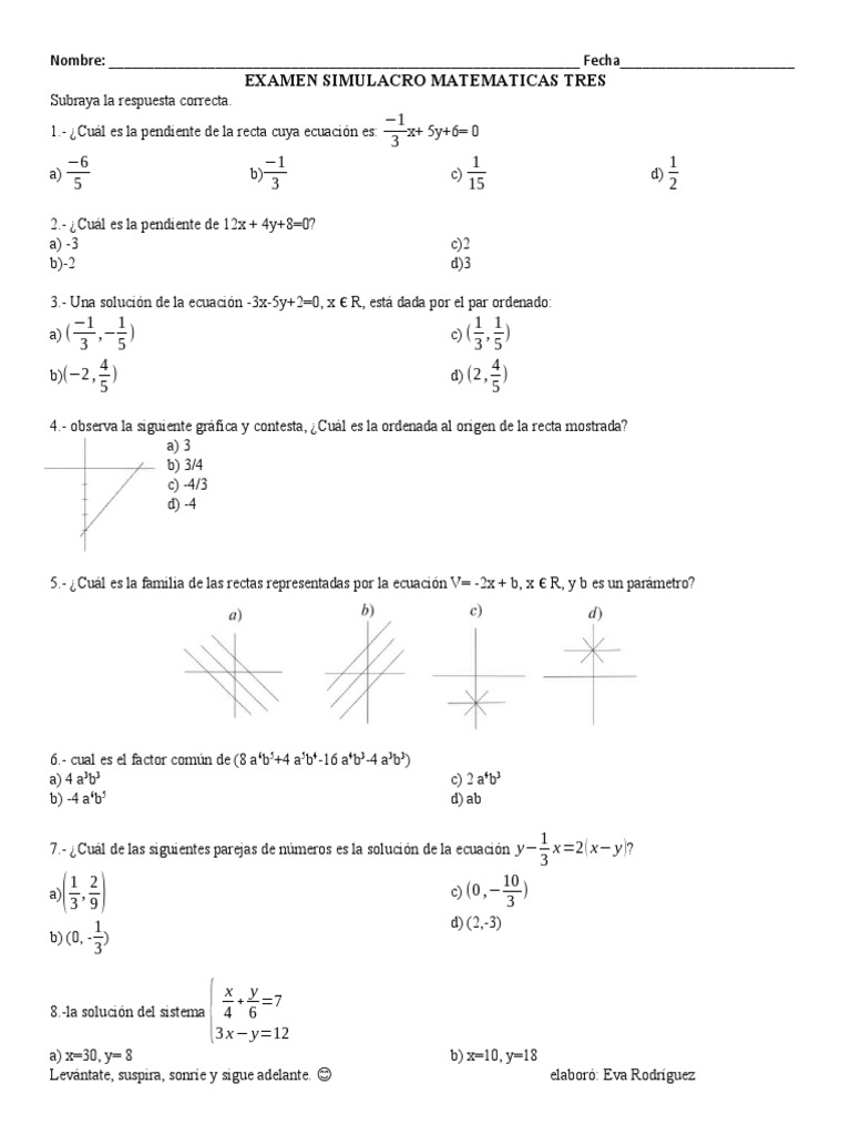 Examen Simulacro Mate 3 | PDF | Pendiente | Matemáticas