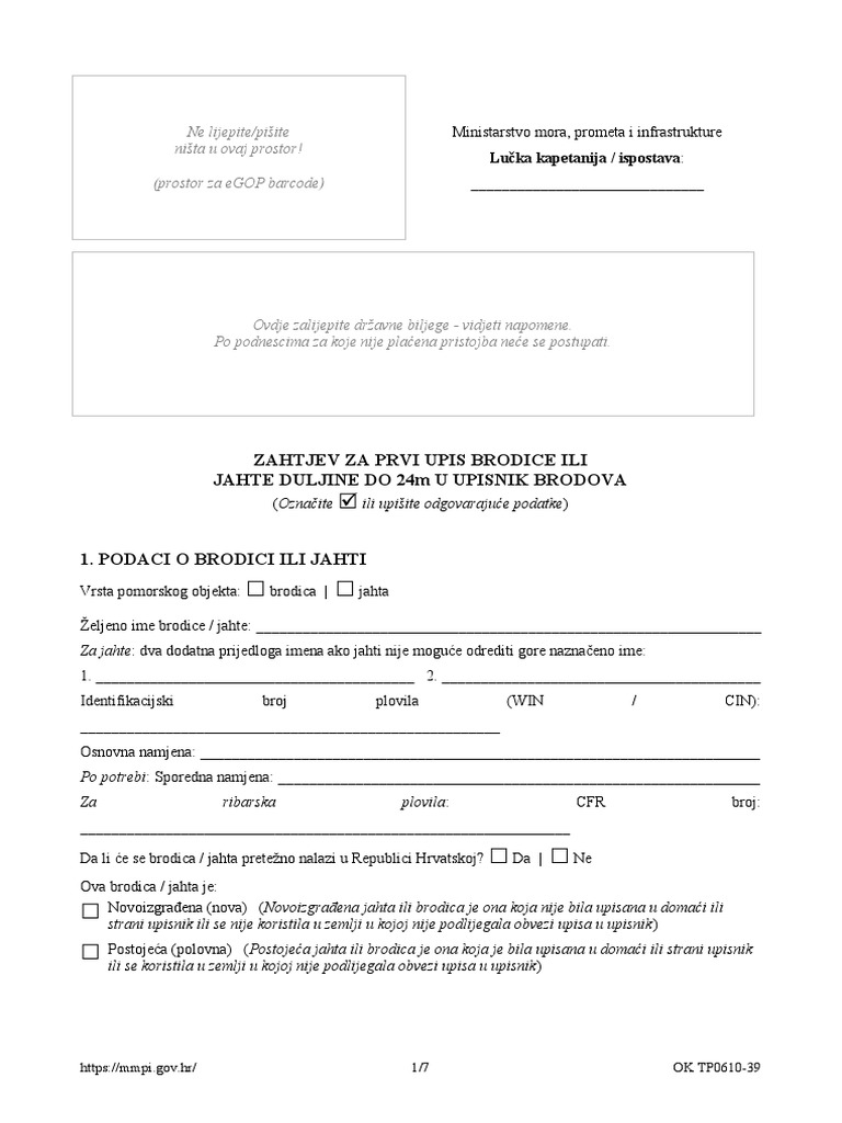 Zahtjev Za Prvi Upis Brodice Ili Jahte Do 24m - 23.01.2020. | PDF