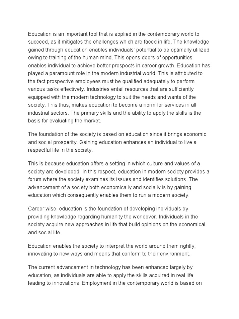 Education Is An Important Tool That Is Applied in The Contemporary ...