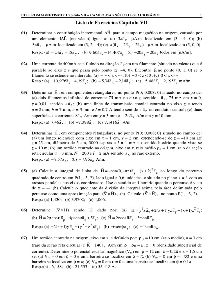 Lista de Exercícios-Cap7 | PDF | Magnetismo | Corrente elétrica