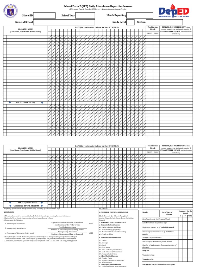 SF 2 Daily Attendance Report of a Learner | PDF | Human Development | Behavior Modification