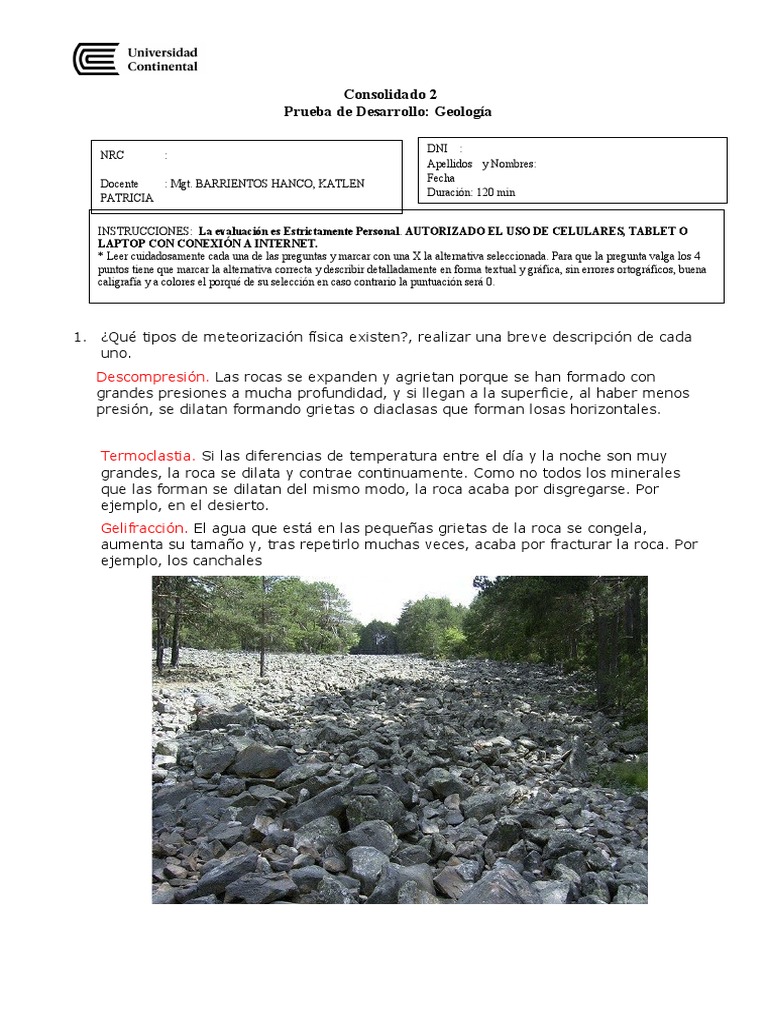 PA 03 - Examen Desarrollo Geología | PDF | Roca (geología) | Roca clástica