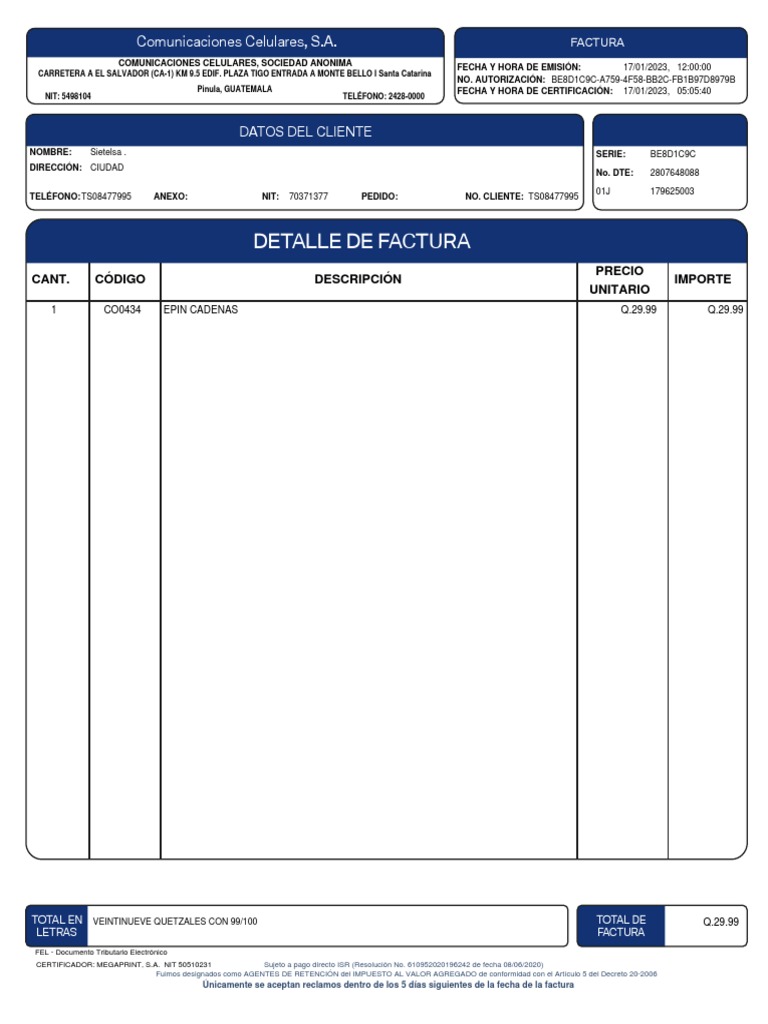 Detalle de Factura: Comunicaciones Celulares, S.A | Descargar gratis ...