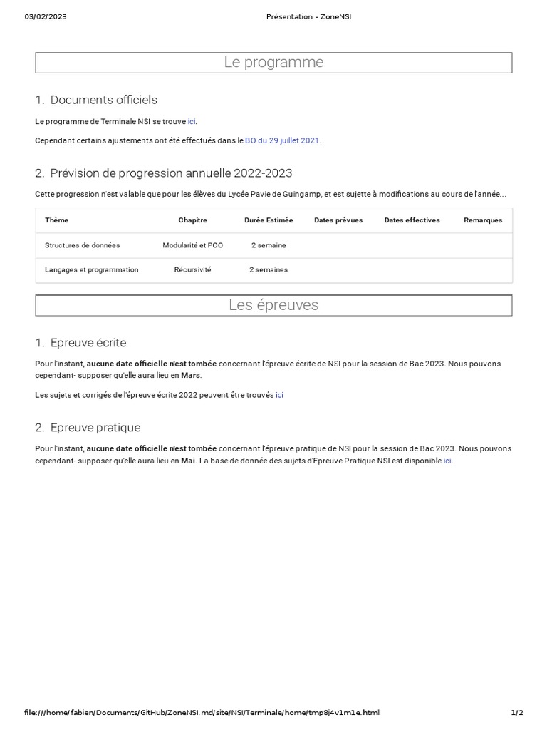 Programme et Épreuves Bac NSI 2023 | PDF
